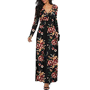 LILBETTER Womens Long Sleeve V-Neck Wrap Waist Maxi Dress(F Brown Floral Black X-Large)