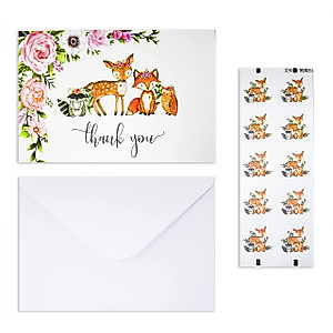 50 Pack Watercolor Girl Woodland Greenery Thank You Cards, Cute Thank You Notes with Envelopes & Stickers, Baby Shower, Birthday any Occasion Large Size 4x6 Animal Fox Raccoon Deer Owl Gratitude For Party, Children Stationery