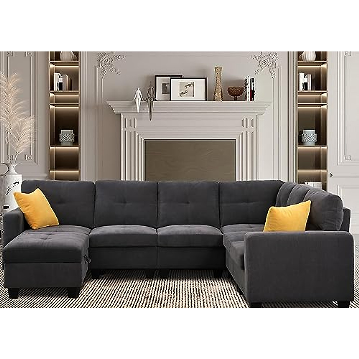 Flesser Sectional Sofa Couch with Storage Ottoman Modular Sofa Couch Reversible 6 Seater Velvet Fabric L Shape Sectional Couch for Living Room, Apartment,Home Office with Pillows (Dark Grey)