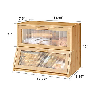Vriccc Bread Box for Kitchen Counter, Large Bamboo Wooden Double Layer Large Capacity Bread Storage Bin with Acrylic Wavy Door Panel (Natural)