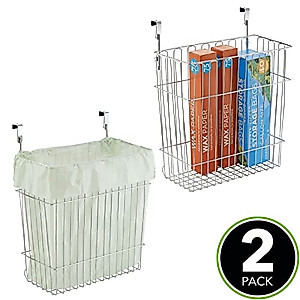 mDesign Steel Metal Wire Hanging Over Door Kitchen Storage Organizer Basket/Trash Can - Hangs Over Cabinet Doors for Bags, Tin Foil, Wax Paper, Saran Wrap - Concerto Collection - 2 Pack - Chrome