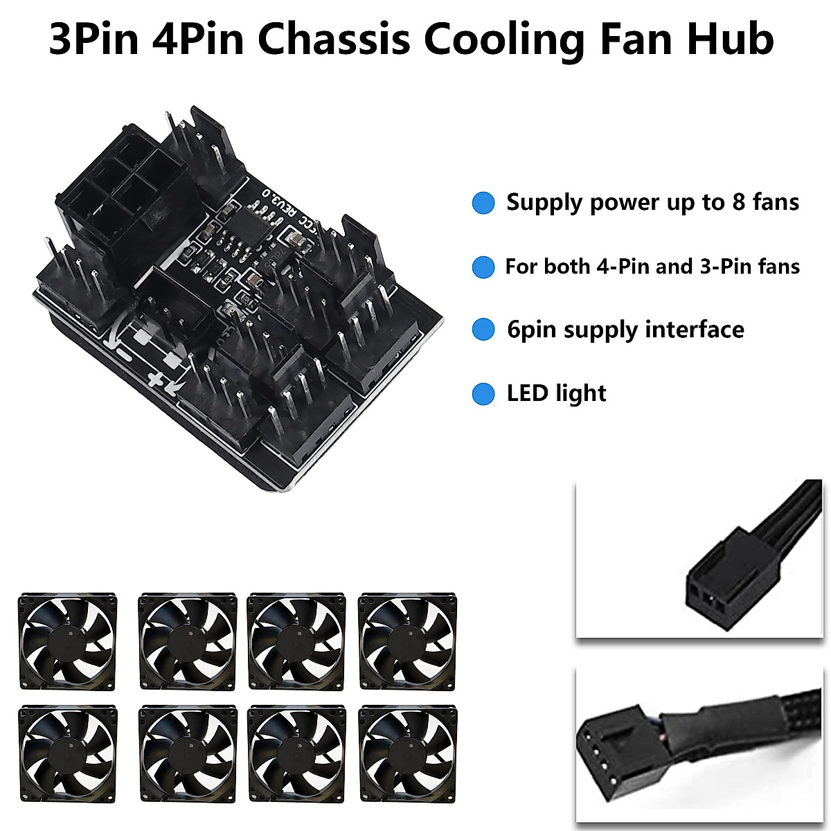 SinLoon 3 Pin 4 Pin Fan Adapter PWM PC Chassis Cooling Fan Hub，Chassis Fan Pressure Regulating Governor，8 Way Splitter 12V Speed Controller with 6 Pin Power Port（8 Way with Cable Black ）