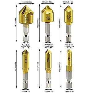 Countersink Drill Bit Set 6 Pcs 5 Flute Counter Sinker Drill Bits and 90 Degree Center Punch Tools HSS 1/4" Hex Shank for Wood Metal Quick Change 6-19mm (6)