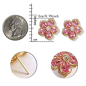 DAMLENG Handmade Chic Boho Pink Rhinestone Flower Statement Stud Earrings with Gold Flower Bud for Women Sister Mom Lover and Friends (Pink)