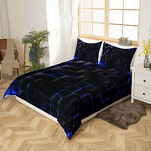 Geometric Grid Duvet Cover Set Queen Size, Royal Blue and Black Checkered Bedding Cover, Men Women Room Decor, Modern Abstract Check Plaid Square Bed Sets for All Season, 2 Pillowcases, No Comforter