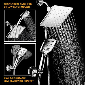 HotelSpa 10.5-in Rain Shower Head/Handheld Combo. Convenient Push-Button Flow Control Button for easy one-handed operation. Switch flow settings with the same hand! Low-Reach Bracket included