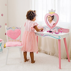 Wildkin Kids Princess Wooden Vanity and Chair Set for Girls, Vanity Features Mirror and Attached Jewelry Box and Music Box, Includes Matching Chair with Removable Backrest and Seat Cushion (White)