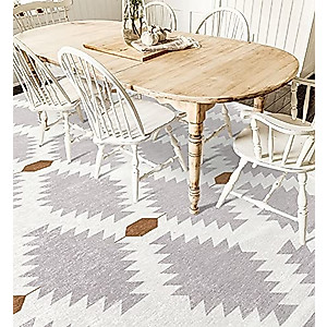 RoomTalks Flatweave Ultra Thin Area Rugs 4x6, Slip Resistant No-Pile Chenille Printed Modern Geometric Khaki Area Rug Machine Washable, Boho Vintage Floor Carpet for Dining Room Kitchen Entryway