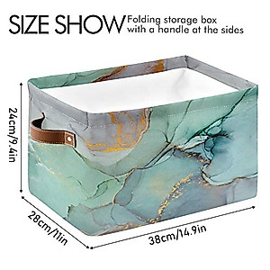 MNSRUU Storage Basket Teal Colored Abstract Marble Collapsible Organizer Basket with PU Handles, Waterproof Nursery Laundry Basket，1 Pack