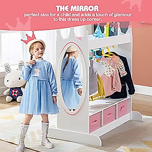 Kids Armoire Dress-Up Storage w/Mirror and Drawers,Dress up Closet,Costume Dress up Wardrobe,Pretend Storage Closet for Kids w/Side Pocket Top Shelf Shoes Storage for Bedroom Girls Room, White