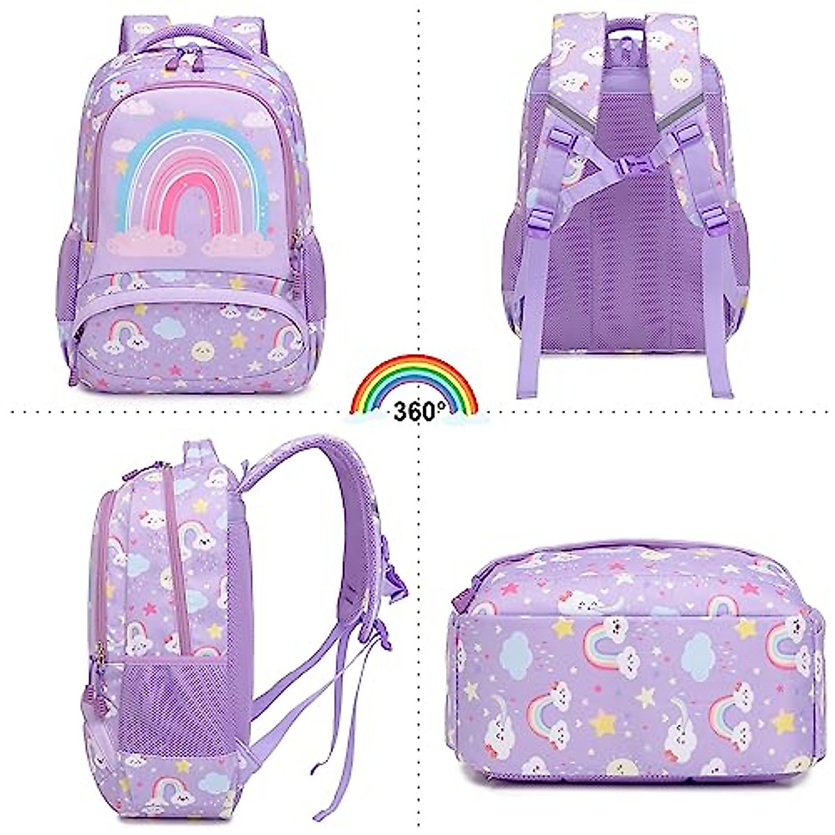 Girls Backpack for Elementary Rainbow Backpack 3 in 1 School Bookbag with Lunch Bag Pencil Case Purple Back to School