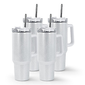 AGH 4 Pack 40 oz Sublimation Glitter White Tumbler with Stainless Steel Straw and Lid, Insulated Double Wall Vacuum Reusable Cups with handle