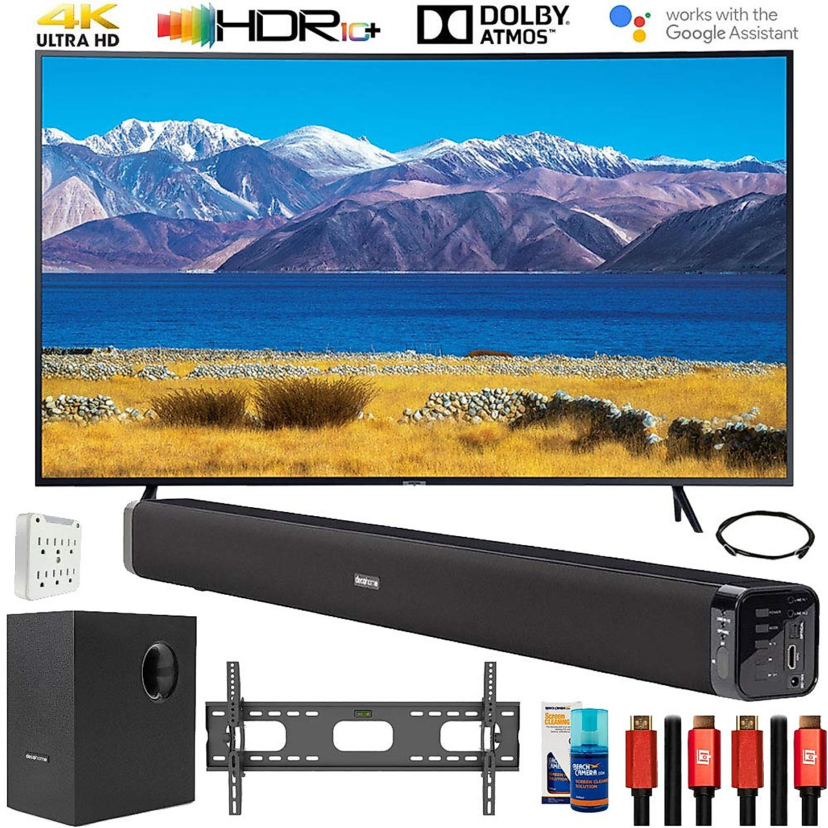 SAMSUNG UN65TU8300 65" HDR 4K UHD Smart Curved TV Bundle with Deco Gear Home Theater Soundbar with Subwoofer and Complete Wall Mount Setup and Accessory Kit