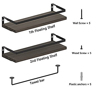 RichFire Floating Shelves Set of 2, Wall Shelves for Bathroom, Kitchen, Bedroom& Living Room, Dark Brown Shelves for Wall Décor, Shelves with Towel Bar