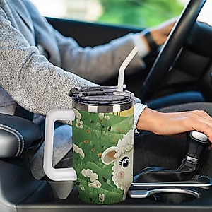 LLUTSNTH 40 Oz Vacuum Tumbler with White Handle Leakproof Insulated Tumbler Cute Cartoon Sheep Stainless Steel Travel Mug with Lid And Straw Coffee Cup Cute Water Bottles Cup Holder Friendly