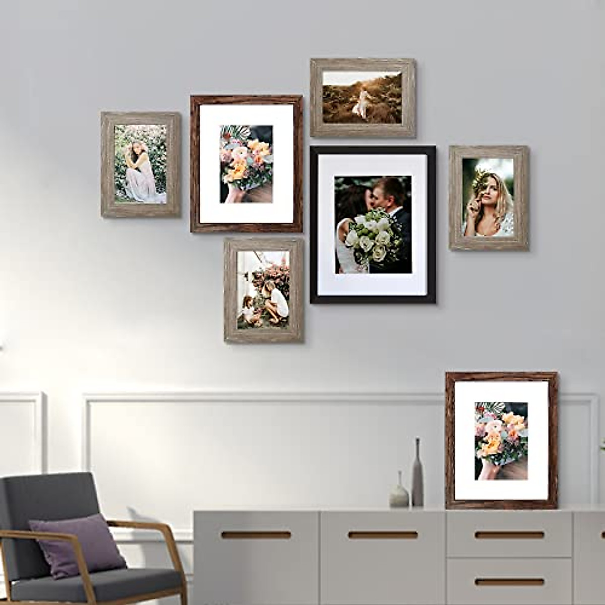 SESEAT Picture Frames Collage, Gallery Wall Frame Set with 11x14 8x10 5x7 Frames in 3 Different Finishes, Set of 7