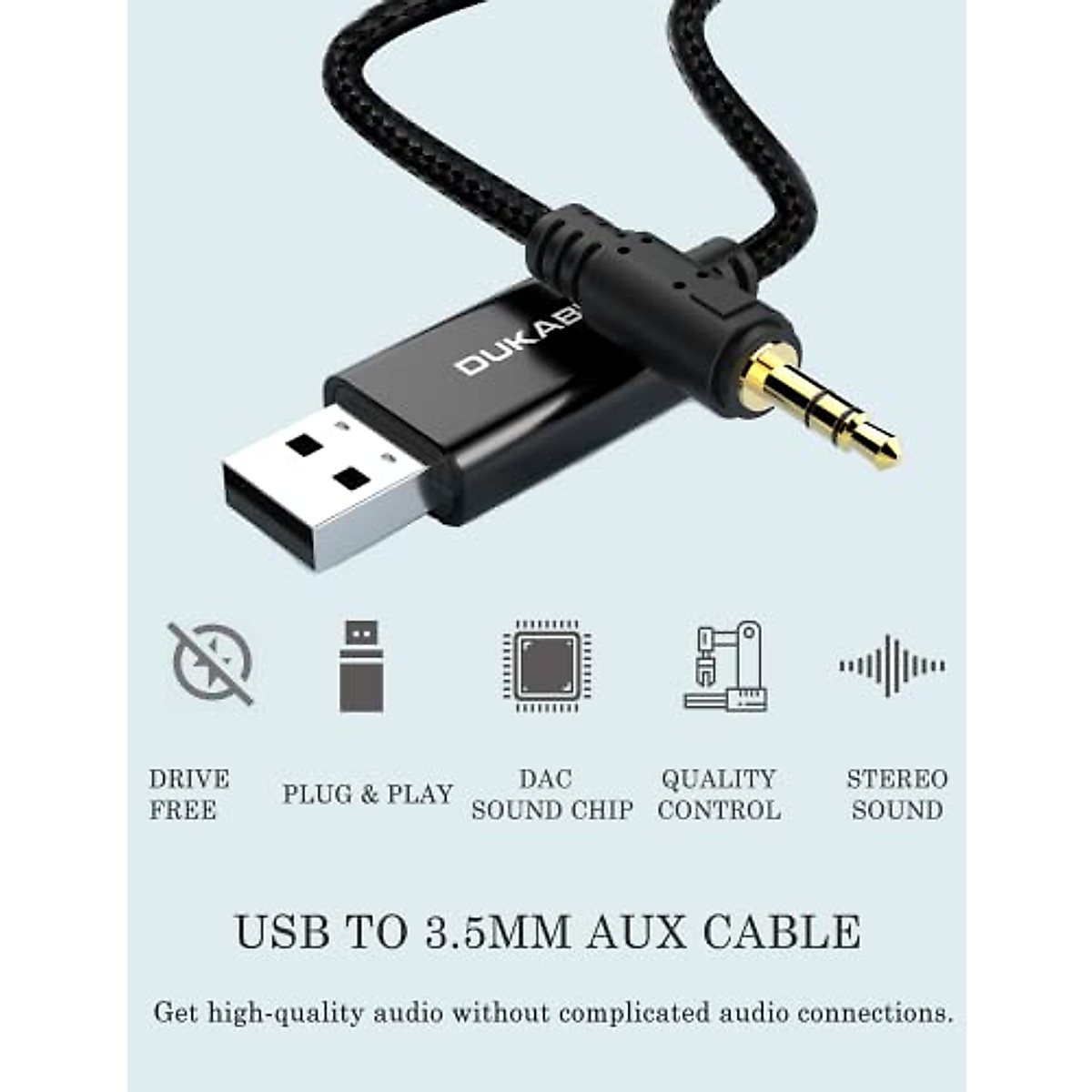 USB to 3.5mm Aux Cable, DUKABEL USB to 3.5mm Jack Cord for PC PS4 PS5 USB2.0 to 1/8’’ Male Auxiliary Audio Cable for Headphone Speaker(8FT/2.4 Meter) Do Not Work for TV Car PS3 Truck Amplifier