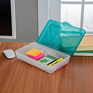 Sterilite Small Pencil Box, Stackable Plastic Small Storage Container with Lid, Organize Pens, Pencils, and Small Items, Molokai Blue Tint, 12-Pack
