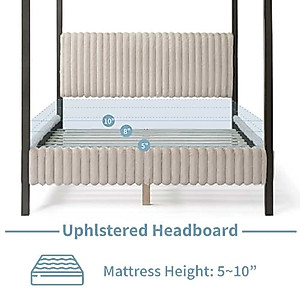 HOMES: Inside + Out Evadne Modern Canopy Bed Frame Queen Size with Channel Upholstered Headboard and Wooden Slats Support for Bedroom, Guest Room, No Box Spring Needed, Light Brown