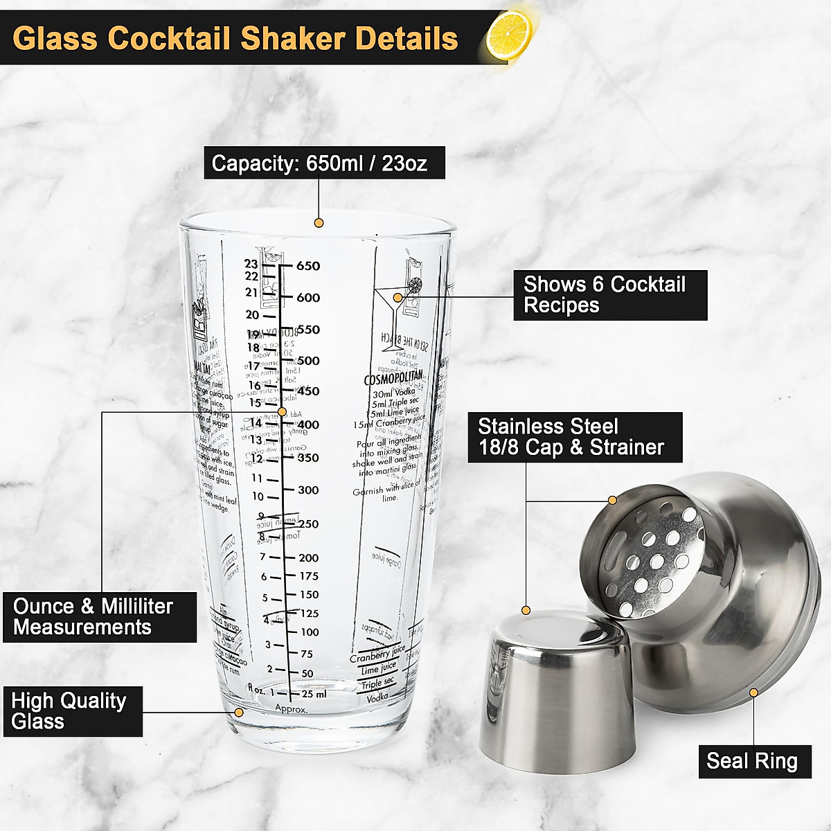 Tiawudi 23oz Glass Cocktail Shaker Set, 4PCS Bartender Kit, Martini Mixer Shaker with Built-in Strainer, Measuring Jigger, Cocktail Muddler & Mixing Spoon, Bar Tool Set for Bartender and Home Use