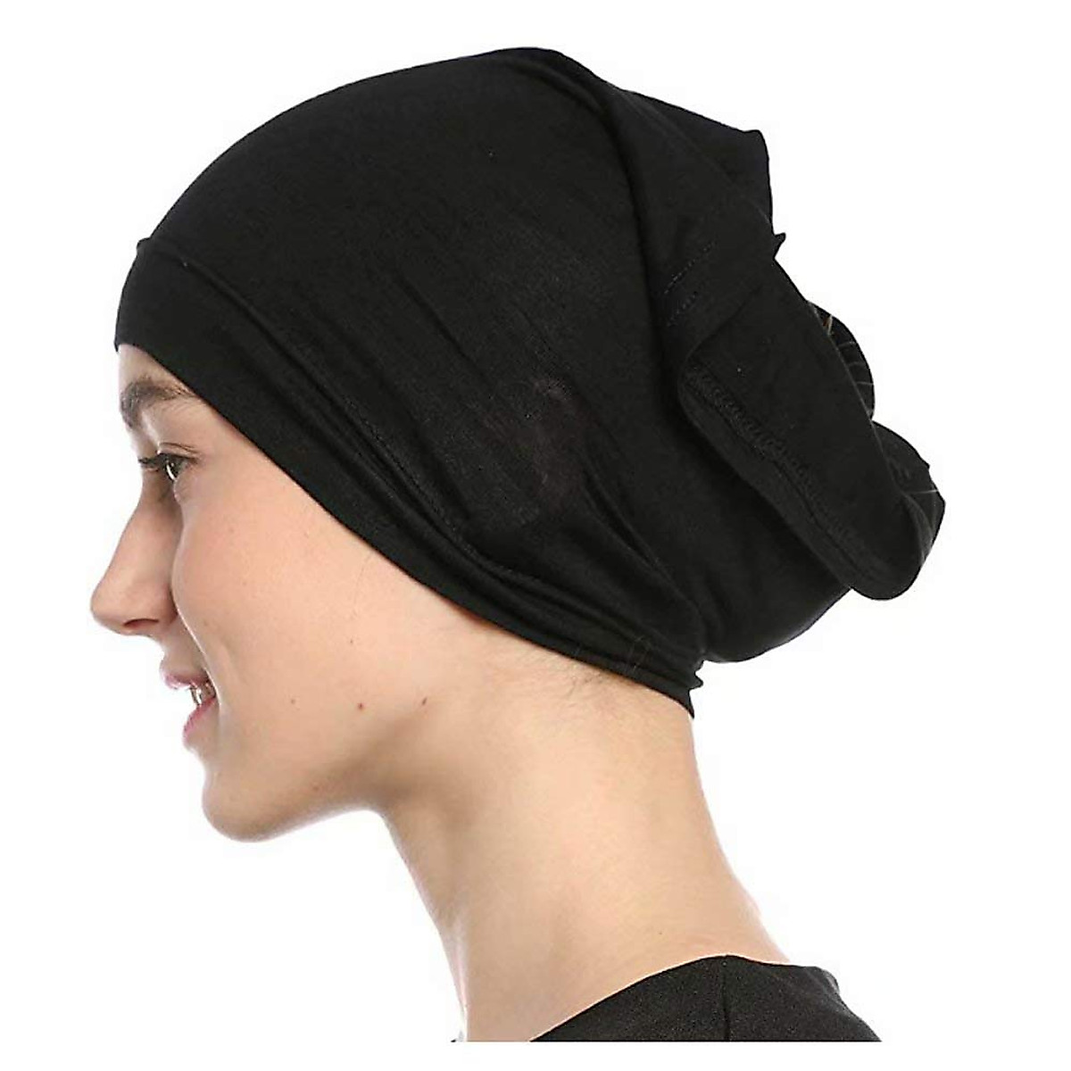 Black Under Scarf Tube Cap with Brim (Hijab Accessory), Black, Size One Size