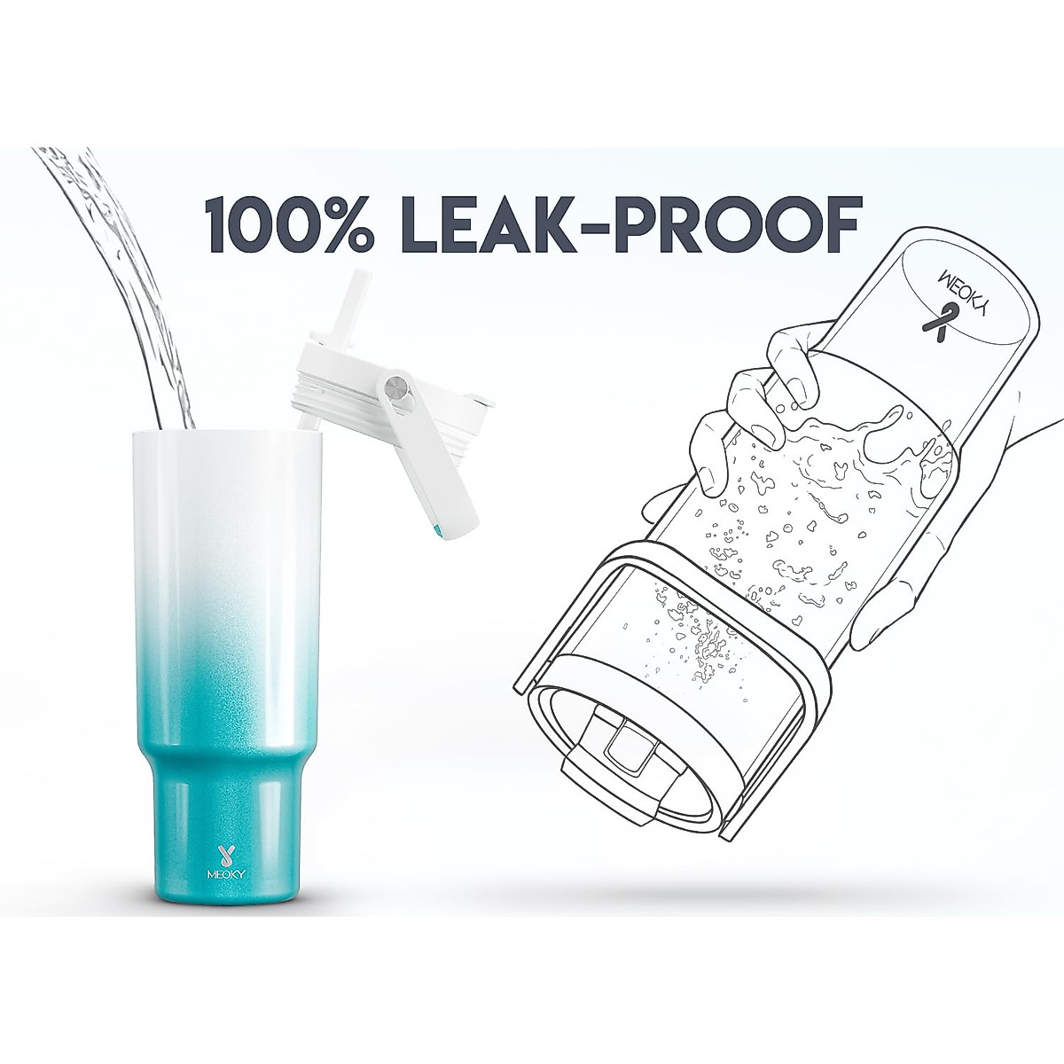 Meoky 40 oz Tumbler with Handle and Straw, Insulated Water Bottle, Stainless Steel Travel Mug, Keeps Cold for 34 Hours, 100% Leak Proof, Fits in Car Cup Holder (Azure)