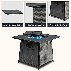 Domi Gas FirePit Table, 28 Inch 50,000 BTU Outdoor Wicker Patio Propane Firepit w/Blue Glass Rocks, Hideaway Tank Holder, ETL Certification, Cover Lid, Wood Look Tabletop (Square)