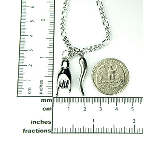 Mano Cornuto and Cornicello combo Necklace, on 24" Figaro Chain, Portafortuna Italian Lucky Hand Horn Anti Evil Good Luck Protection Amulet Charms, Pure 304 Stainless Steel Waterproof, Hypo-Allergenic