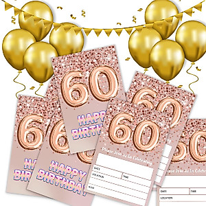 SHLINCO 60th Birthday Invitations Rose Gold Glitter Birthday Party, 60 Birthday Invitations for Girls, Party Celebration, Birthday Party Supplies (20 Invitations + Envelopes)