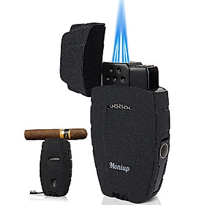 All-in-One Torch Cigar Lighter with Adjustable Jet Dual-Flame, Built-in Cigar Punch/Holder, Honorable Gift for Men, Birthday, Windproof Refillable Butane Cool Lighters for Smoking, Candles