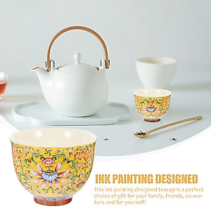 Beavorty Chinese Handmade Kungfu Tea Cup 130ml Floral Pattern Ceramic Tea Mugs Porcelain Tea Cup Tea Bowl Japanese Tea Cup Sake Cup Tea Accessories Drinkware (Yellow)