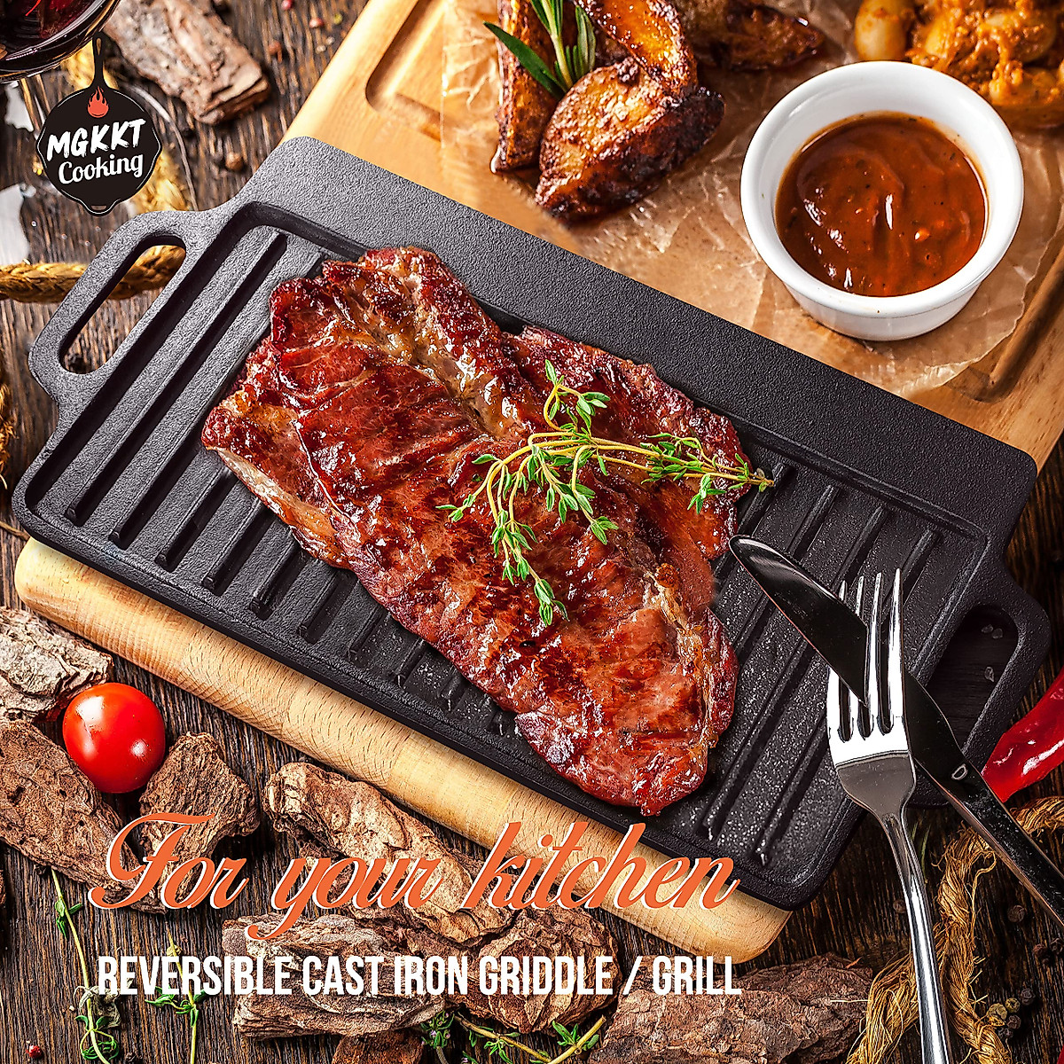 Cast Iron Griddle Plate 13 x 8 inch | Reversible Cast Iron Grill/Griddle Pan | Double Sided Stove Top Griddle On Single Burner | Pre-Seasoned Small Cast Iron Griddle 1 Piece
