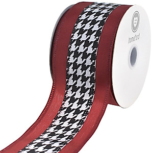 Black/Red Houndstooth Crimson Polyester Ribbon, 10 Yards, 2-1/2-inch
