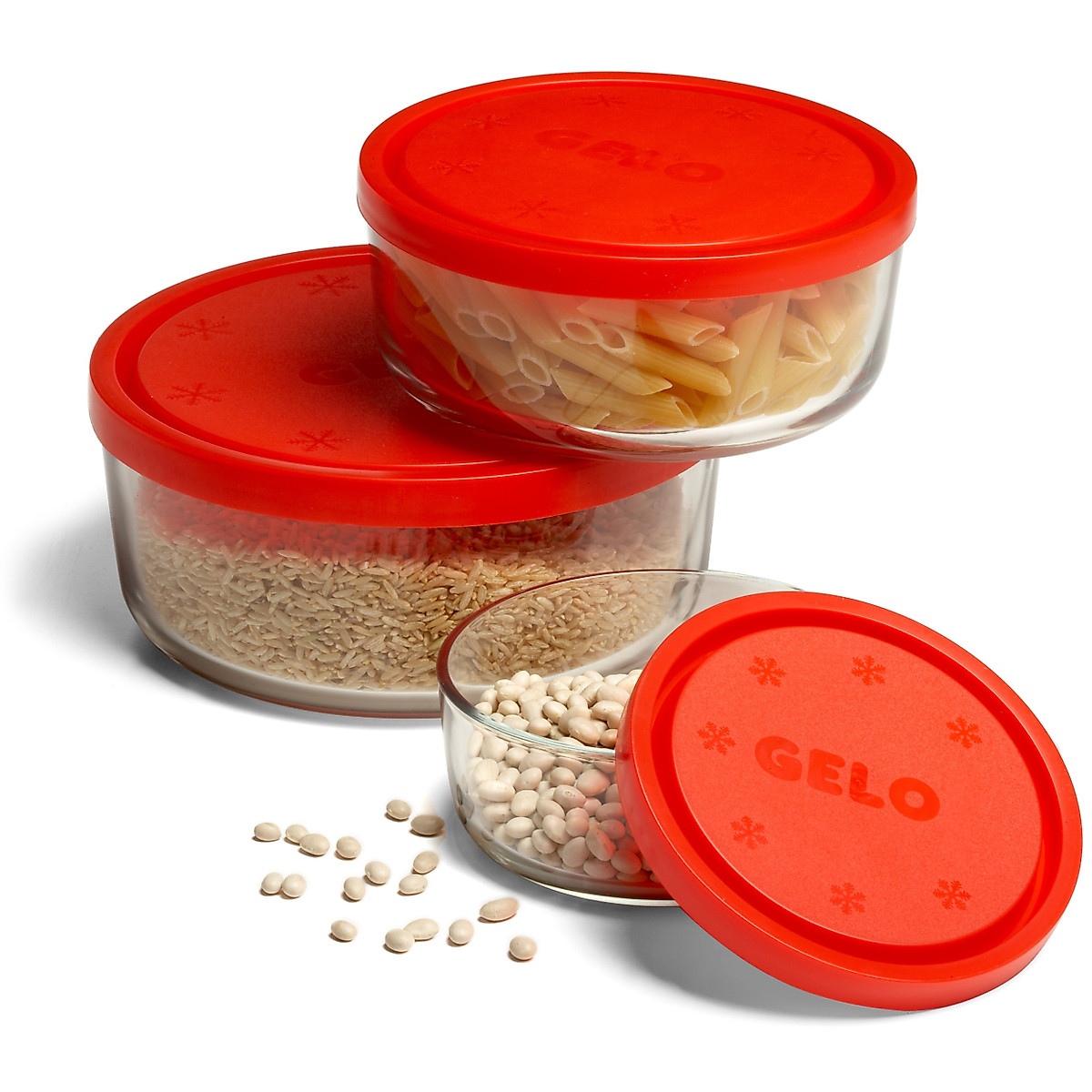 Bormioli Rocco Gelo 3pc Storage Glass Container Set with Red Lid, 11.62, 24.37, 44.62oz, Clear