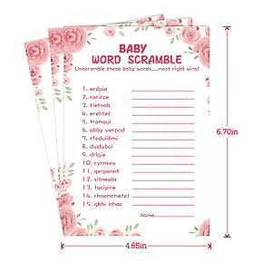 OLOUTAB 50 Baby Shower Games for Girl-Baby Shower Word Scramble Game,Floral Theme, Thick Cardstock, Fun and Easy to Play,Hilarious Baby Shower Games(with Answer)