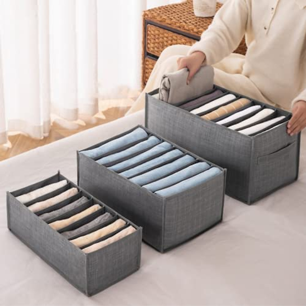QiuJQing 3 Pack Clothes Drawer Organizers, Sock Underwear Organizer Dividers, 23 Cell Fabric Foldable Cabinet Storage Boxes for Storing Bras, T-shirt, Legging, Skirts (9 +7+7 Cell, Grey)