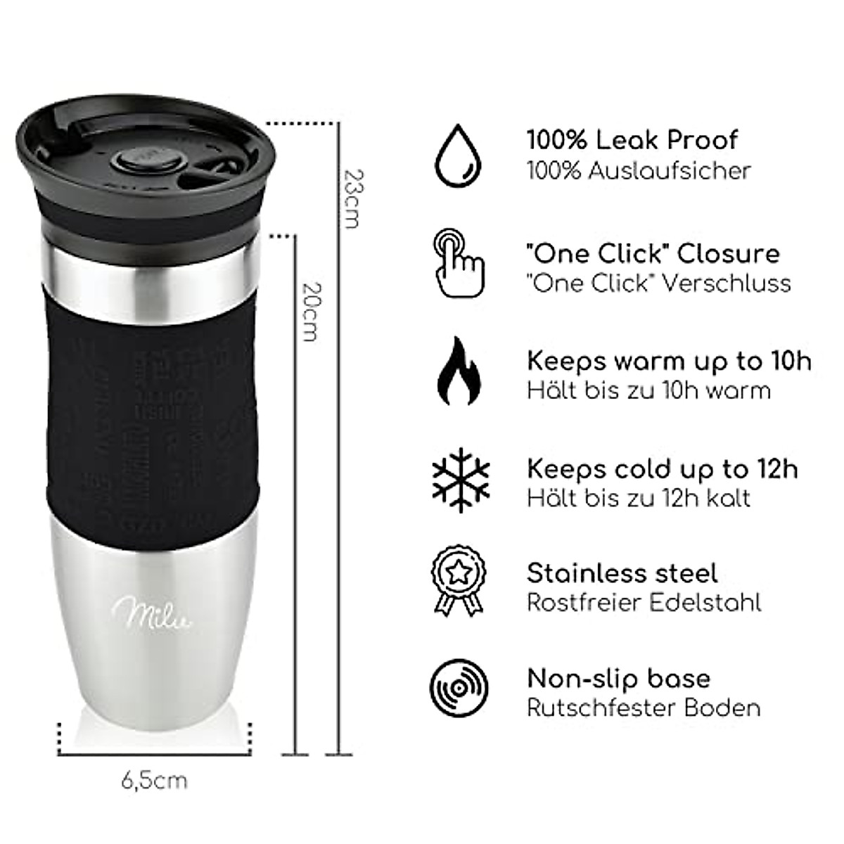 Milu Thermo Mug Insulated Cup Coffee & Tea Mug to go - 370ml, 450ml 100% leak proof - Stainless Steel Drinking Mug - vacuum insulation flask - Hot & Cold - Travel Mug (Black, 12oz (370ml))