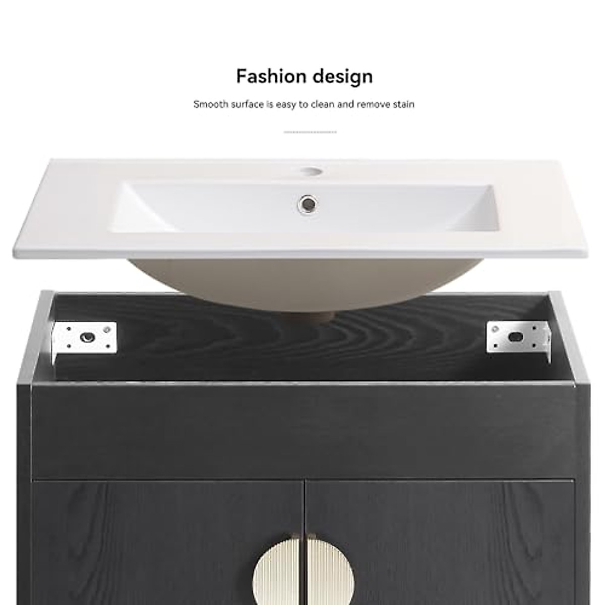 QuixotYDDZ 24 Inch Modern Freestanding Solid Wood Bathroom Cabinet, Bathroom Vanity with Ceramic Sink Combo, Bath Cabinet with 2 Doors and Open Shelf for Small Space, Solid Wood, Black