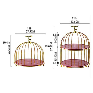 XENITE Dessert Bird Cage Cake Stand for Dessert Table Gold Metal Cosmetics Dessert Display Holder W/Ceramic Tray & Elk Top for Celebrations Home Decorations Fruit Plate