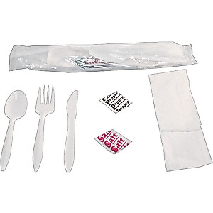 Boardwalk 6KITMW Cutlery Kit, Plastic Fork/Spoon/Knife/Salt/Pepper/Napkin, White (Case of 250)