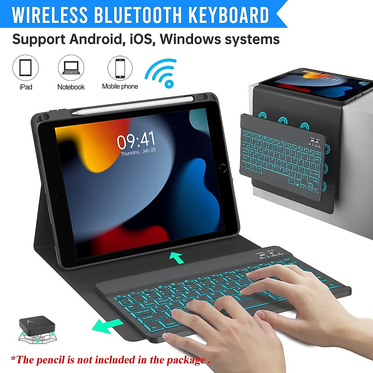 Keyboard Case for iPad 9th/8th/7th Generation 10.2 inch,360° Rotatable Magnetic iPad Pro 10.5-inch Air 3 Case with Keyboard Pencil Holder,7 Color Backlit Bluetooth Keyboard (Black)