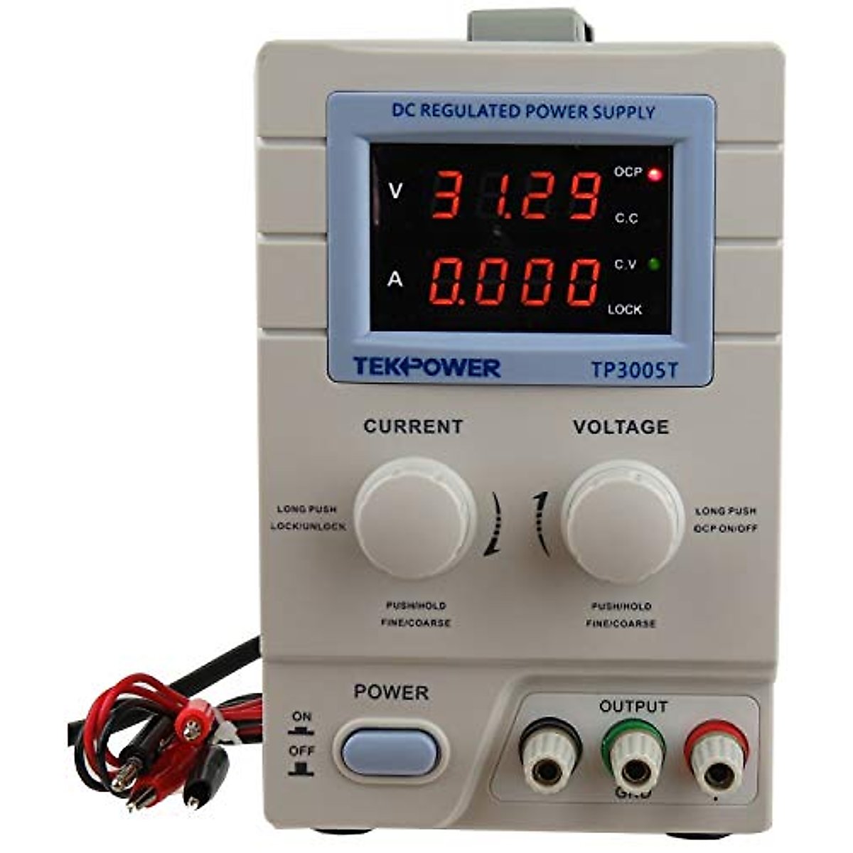 Tekpower TP3005T Variable Linear DC Power Supply, 0-30V @ 0-5A with Alligator Test Leads (110V Input)