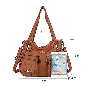 Angelkiss Women's Designer Handbag Large Double Zipper Multi Pocket Washed, Brown