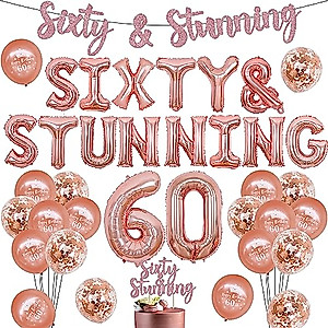 Wonmelody Funny 60th Birthday Decorations Rose Gold Stunning Glitter Birthday Decor Sixty & Stunning Glitter Cake Topper Banner Rose Gold Sixty & Fabulous Happy 60th Birthday Decor for Women