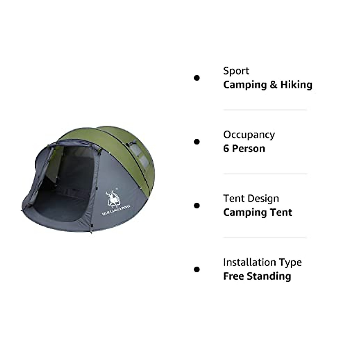 HUI LINGYANG 6 Person Easy Pop Up Tent,12.5’ x 8.5‘ x53.5,Automatic Setup,Waterproof, Double Layer,Instant Family Tents for Camping,Hiking & Traveling,Green