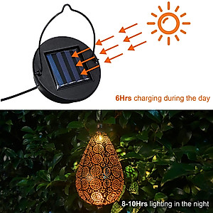 MAGGIFT 2 Pack Solar Hanging Lights, Solar Powered Decorative Retro Lantern with Handle, Warm White LED Christmas Garden Boho Flower Lights, Metal Drop Shape Waterproof Outdoor Yard Tree Fence Patio