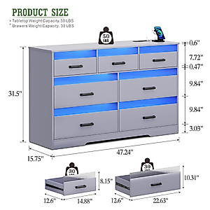 Dystler 7 Drawers Dresser for Bedroom, Large Chest of Drawers with LED Light, Modern Dresser with USB & Type-c Charging Ports, Wood Dresser Organizer for Bedroom, Living Room, Hallway, Grey