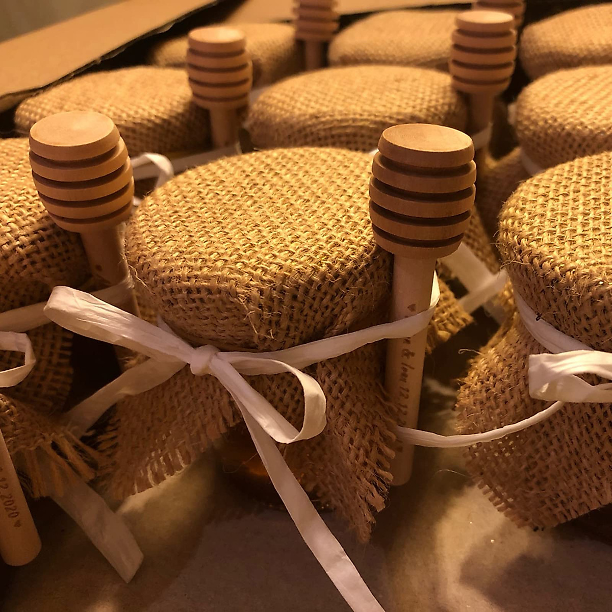 Personalized Mini Honey Dipper Stick Custom Honey Spoon Combs for Wedding Party Gifts Baby Bath and Baptism Dessert Utensils Wooden Spoons Logo (50p,10cm/3.9in)