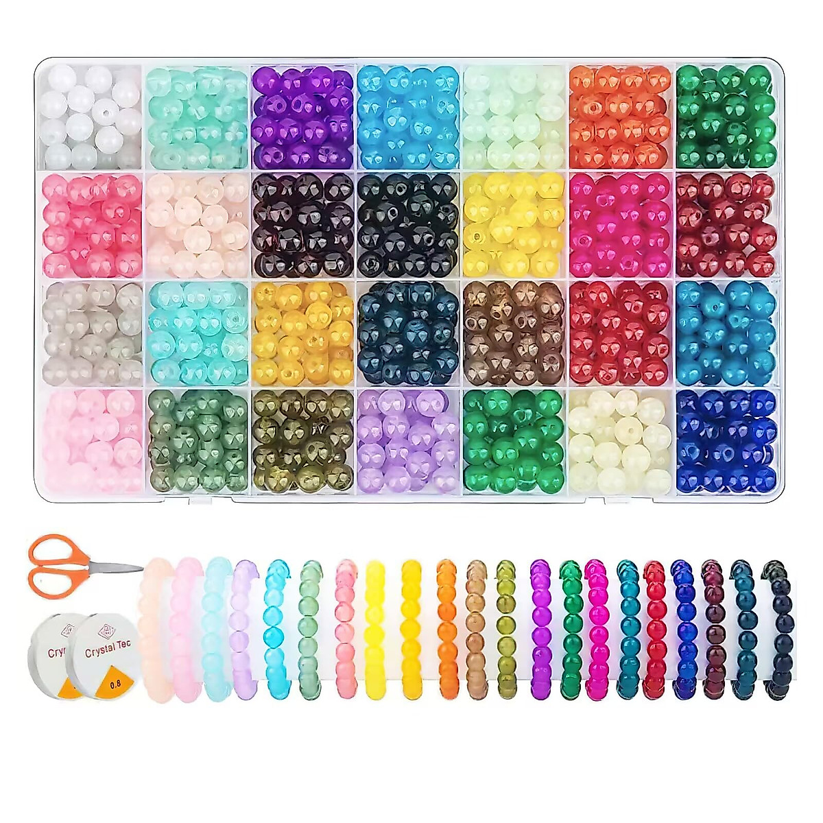 Amsomyin 784pcs 8mm Round Glass Beads for Jewelry Making, 28 Colors Crystal Beads Bracelet Making kit, Suitable for Bracelets, Necklaces, Earrings and Other Jewelry Making and DIY handicrafts.