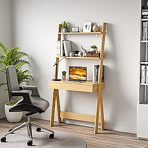 Tangkula Ladder Desk with Countertop & Drawer, Freestanding 2-Tier Ladder Shelf Desk, Modern Computer Desk Laptop Table with Storage Bookshelf, Anti-Toppling Device (Natural)
